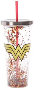 spoontiques - glitter filled acrylic tumbler - glitter cup with straw - 20 oz - stainless steel locking lid with straw - double wall insulated - bpa free - wonder woman - red & gold