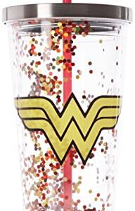 Spoontiques - Glitter Filled Acrylic Tumbler - Glitter Cup with Straw - 20 oz - Stainless Steel Locking Lid with Straw - Double Wall Insulated - BPA Free - Wonder Woman - Red & Gold