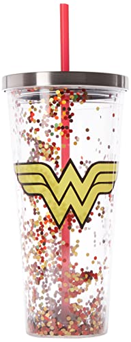 Spoontiques - Glitter Filled Acrylic Tumbler - Glitter Cup with Straw - 20 oz - Stainless Steel Locking Lid with Straw - Double Wall Insulated - BPA Free - Wonder Woman - Red & Gold