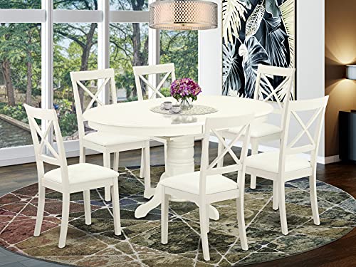 East West Furniture Avon 7 Piece Set Consist of an Oval Dinner Table with Butterfly Leaf and 6 Faux Leather Dining Room Chairs, 42x60 Inch, Linen White