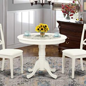 East West Furniture ANBO3-LWH-LC 3 Piece Modern Set Contains a Round Table with Pedestal and 2 Faux Leather Kitchen Dining Chairs, 36x36 Inch, Linen White