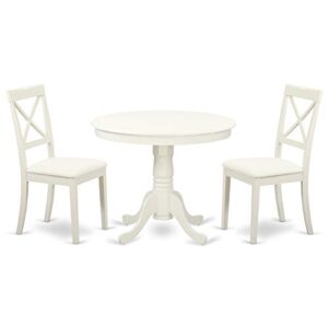 East West Furniture ANBO3-LWH-LC 3 Piece Modern Set Contains a Round Table with Pedestal and 2 Faux Leather Kitchen Dining Chairs, 36x36 Inch, Linen White