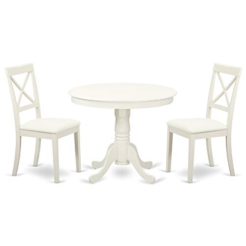 East West Furniture ANBO3-LWH-LC 3 Piece Modern Set Contains a Round Table with Pedestal and 2 Faux Leather Kitchen Dining Chairs, 36x36 Inch, Linen White