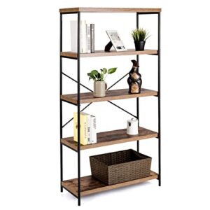 tangkula 5-tier bookcase, rustic industrial bookshelf, décor accent display for home, office, living room, bedroom, wood shelves w/metal x-shaped frame, display bookshelf (brown)