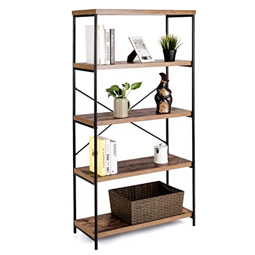 Tangkula 5-Tier Bookcase, Rustic Industrial Bookshelf, Décor Accent Display for Home, Office, Living Room, Bedroom, Wood Shelves w/Metal X-Shaped Frame, Display Bookshelf (Brown)