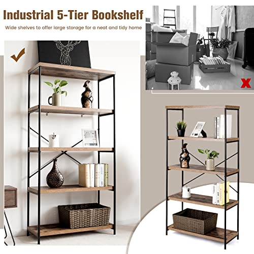 Tangkula 5-Tier Bookcase, Rustic Industrial Bookshelf, Décor Accent Display for Home, Office, Living Room, Bedroom, Wood Shelves w/Metal X-Shaped Frame, Display Bookshelf (Brown)