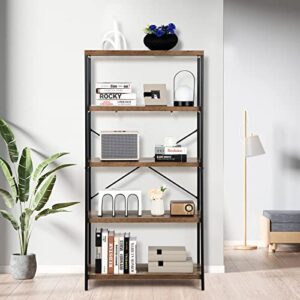 Tangkula 5-Tier Bookcase, Rustic Industrial Bookshelf, Décor Accent Display for Home, Office, Living Room, Bedroom, Wood Shelves w/Metal X-Shaped Frame, Display Bookshelf (Brown)