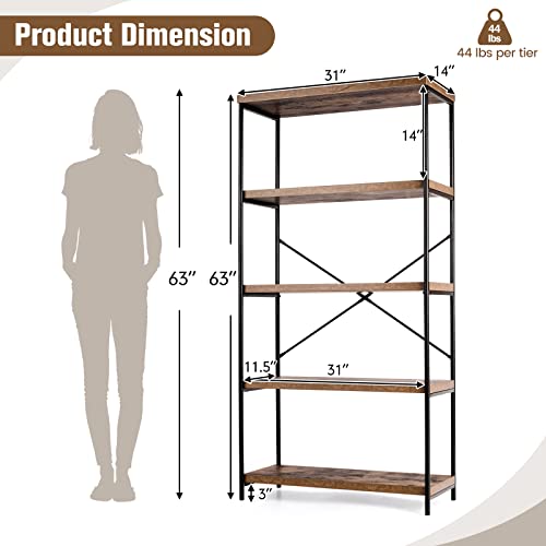 Tangkula 5-Tier Bookcase, Rustic Industrial Bookshelf, Décor Accent Display for Home, Office, Living Room, Bedroom, Wood Shelves w/Metal X-Shaped Frame, Display Bookshelf (Brown)