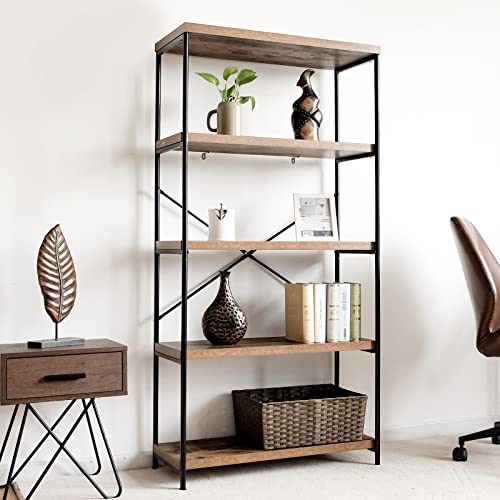 Tangkula 5-Tier Bookcase, Rustic Industrial Bookshelf, Décor Accent Display for Home, Office, Living Room, Bedroom, Wood Shelves w/Metal X-Shaped Frame, Display Bookshelf (Brown)