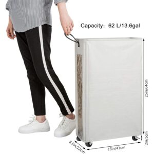 ZERO JET LAG 27 inches Slim Laundry Hamper rolling Large Tall Laundry Basket on Wheels Clear Window Visible Dirty Clothes Hamper Thin Clothes Storage Standable Corner Bin Handy 16"×8.5"×25" Beige