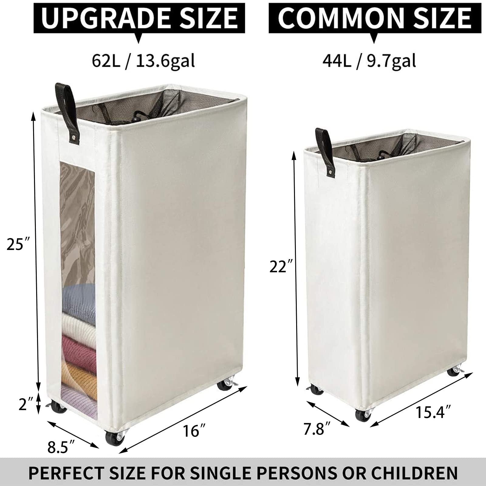 ZERO JET LAG 27 inches Slim Laundry Hamper rolling Large Tall Laundry Basket on Wheels Clear Window Visible Dirty Clothes Hamper Thin Clothes Storage Standable Corner Bin Handy 16"×8.5"×25" Beige