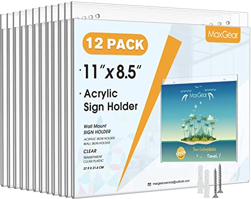 MaxGear Wall Mount Sign Holder 8.5x11, Acrylic Wall Sign Holder with Mounting Screws, Plastic Clear Plastic Picture Frames for Home, Office, Store, Restaurant, Landscape (12 Pack)