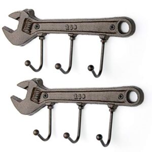 antique key holders, wrench triple wall hooks, decorative vintage coat hat hooks rack hangers, heavy duty cast iron retro storage organizer with rustic hooks, brown, 2 pack