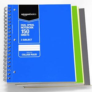 Amazon Basics College Ruled Wirebound 3-Subject 150-Sheet Notebook - Pack of 3, 10.5 x 8 Inch, Grey / Green / Blue