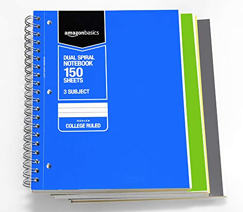 Amazon Basics College Ruled Wirebound 3-Subject 150-Sheet Notebook - Pack of 3, 10.5 x 8 Inch, Grey / Green / Blue