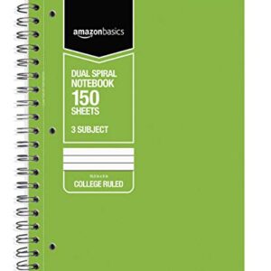 Amazon Basics College Ruled Wirebound 3-Subject 150-Sheet Notebook - Pack of 3, 10.5 x 8 Inch, Grey / Green / Blue