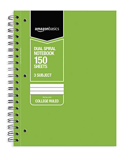 Amazon Basics College Ruled Wirebound 3-Subject 150-Sheet Notebook - Pack of 3, 10.5 x 8 Inch, Grey / Green / Blue