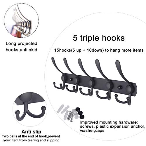 WEBI Coat Rack Wall Mounted Black,5 Tri Hooks for Hanging Coats,Wall Coat Hanger,Jacket Hanger,Wall Rack for Clothes,Backpack