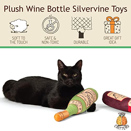 TWINCRITTERS KittiLush 2-Pack Organic Silvervine Catnip Substitute Toys for Cats & Kittens | 100% All-Natural Wild Harvested Silvervine | 2 TWINCRITTERS Refillable Wine Bottle Plush Cat Toys