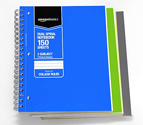 Amazon Basics College Ruled Wirebound 3-Subject 150-Sheet Notebook with Pocket Divider - Pack of 3, 10.5 x 8 Inch, Grey / Green / Blue