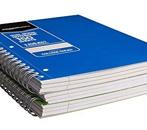 Amazon Basics College Ruled Wirebound 3-Subject 150-Sheet Notebook with Pocket Divider - Pack of 3, 10.5 x 8 Inch, Grey / Green / Blue