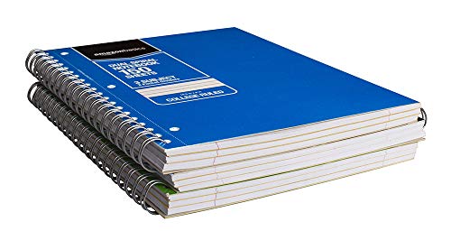 Amazon Basics College Ruled Wirebound 3-Subject 150-Sheet Notebook with Pocket Divider - Pack of 3, 10.5 x 8 Inch, Grey / Green / Blue