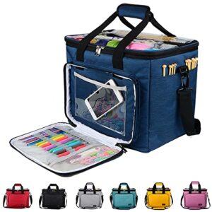 hoshin knitting bag for yarn storage, high capacity yarn totes organizer with inner divider portable for carrying project, knitting needles(up to 14”), crochet hooks, skeins of yarn (navy)