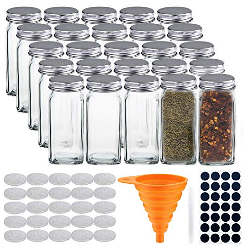 STONEKAE 25 Pcs Glass Spice Jars- Square Glass Containers With Square Empty Jars 4oz, Airtight Cap, Chalkboard & Clear Label, Shaker Insert Tops and Wide Funnel - Complete Organizer Set