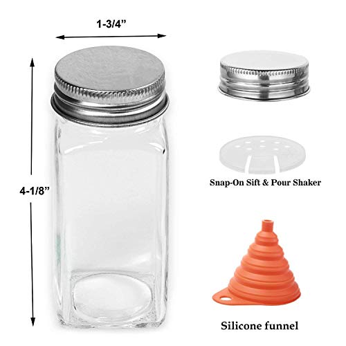 STONEKAE 25 Pcs Glass Spice Jars- Square Glass Containers With Square Empty Jars 4oz, Airtight Cap, Chalkboard & Clear Label, Shaker Insert Tops and Wide Funnel - Complete Organizer Set