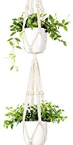 Mkono Macrame Double Plant Hanger Indoor Outdoor 2 Tier Hanging Planter Basket Cotton Rope with Beads 4 Legs 49 Inches