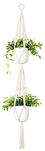 Mkono Macrame Double Plant Hanger Indoor Outdoor 2 Tier Hanging Planter Basket Cotton Rope with Beads 4 Legs 49 Inches