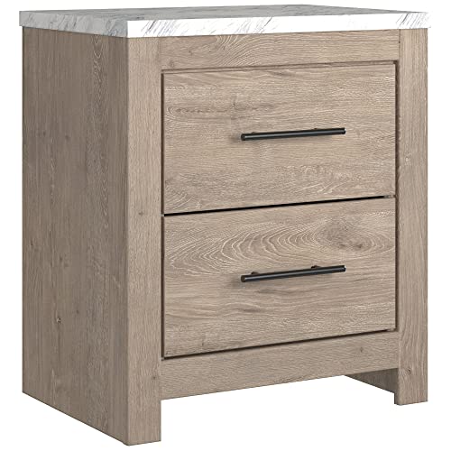 Signature Design by Ashley Senniberg Modern 2 Drawer Nightstand with Faux Marble Top, Light Brown & White