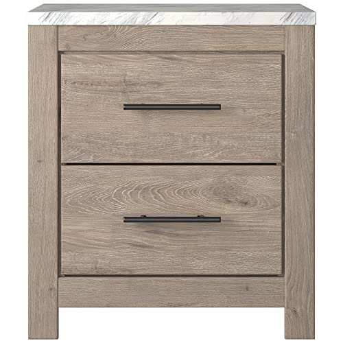 Signature Design by Ashley Senniberg Modern 2 Drawer Nightstand with Faux Marble Top, Light Brown & White