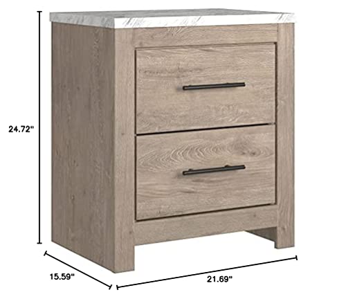 Signature Design by Ashley Senniberg Modern 2 Drawer Nightstand with Faux Marble Top, Light Brown & White