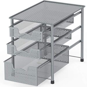 simple houseware stackable 3 tier sliding basket organizer drawer, silver