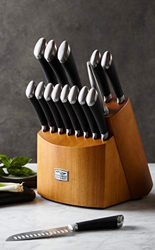 Chicago Cutlery Fusion 17 Piece Kitchen Knife Set with Wooden Storage Block, Cushion-Grip Handles with Stainless Steel Blades that Resists Stains, Rust, and Pitting