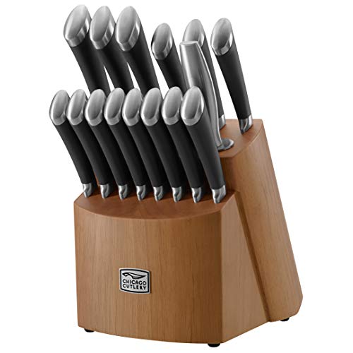 Chicago Cutlery Fusion 17 Piece Kitchen Knife Set with Wooden Storage Block, Cushion-Grip Handles with Stainless Steel Blades that Resists Stains, Rust, and Pitting