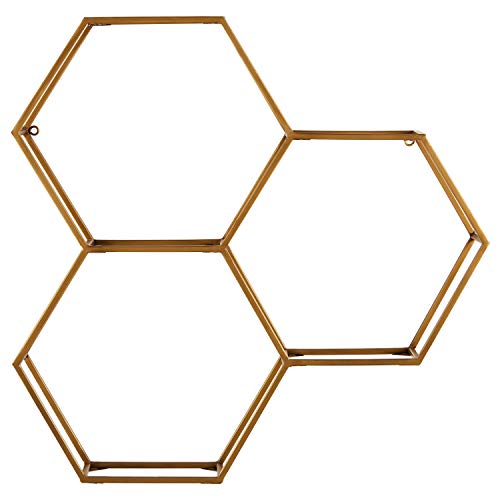 Amazon Brand – Rivet Modern Hexagon Honeycomb Floating Wall Shelf Unit with Glass Shelves - 28" x 28" x 6", Gold