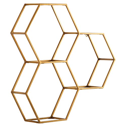 Amazon Brand – Rivet Modern Hexagon Honeycomb Floating Wall Shelf Unit with Glass Shelves - 28" x 28" x 6", Gold