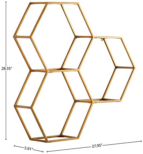 Amazon Brand – Rivet Modern Hexagon Honeycomb Floating Wall Shelf Unit with Glass Shelves - 28" x 28" x 6", Gold