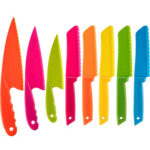 JOVITEC 8 Pieces Kid Plastic Kitchen Knife Set, Children's Safe Cooking Chef Nylon Knives for Fruit, Bread, Cake, Salad, Lettuce Knife