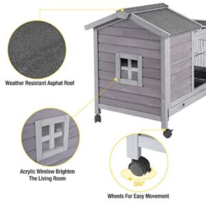 Aivituvin Wooden Rabbit Hutch with Removable Wire Floor Grid, Bunny Cage with Deeper Leakproof Tray - 4 Wheels Include