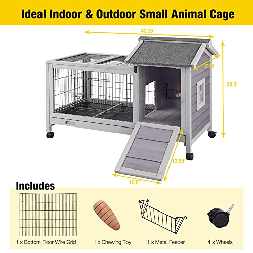 Aivituvin Wooden Rabbit Hutch with Removable Wire Floor Grid, Bunny Cage with Deeper Leakproof Tray - 4 Wheels Include