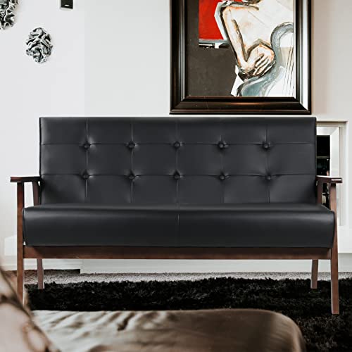 AODAILIHB Modern Wooden Leather 2-Seat Sofa, Sleek Minimalist Loveseat, Sturdy and Durable Loveseat Sofa Couch, Home Office Furniture (Black)