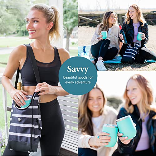 Savvy Outdoors Wine Tote Bag with Stemless Wine Glasses - Bottle Wine Bag with 2 Premium Insulated Wine Cups & Exterior Storage Pouch - Foldable Wine Carrier and Portable Wine Cooler Bags