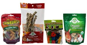 oxbow higgins ware small animal chews/treats for rabbits, guinea pigs, hamsters - 4 flavor variety bundle (1) each: veggie stix, timothy twists, bag-o-chews, barley biscuits