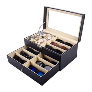 AUTOARK Leather 6 Watch Box Jewelry Case and 9 Piece Eyeglasses Storage and Sunglass Glasses Display Drawer Lockable Case Organizer,Black,AW-048