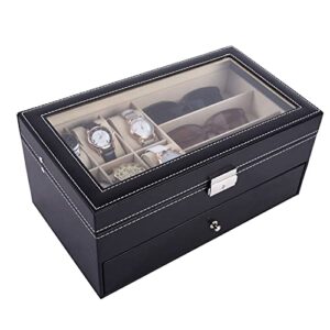 AUTOARK Leather 6 Watch Box Jewelry Case and 9 Piece Eyeglasses Storage and Sunglass Glasses Display Drawer Lockable Case Organizer,Black,AW-048