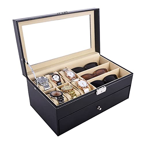 AUTOARK Leather 6 Watch Box Jewelry Case and 9 Piece Eyeglasses Storage and Sunglass Glasses Display Drawer Lockable Case Organizer,Black,AW-048