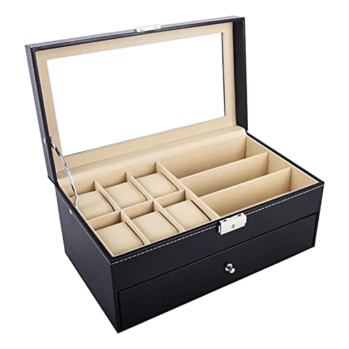 AUTOARK Leather 6 Watch Box Jewelry Case and 9 Piece Eyeglasses Storage and Sunglass Glasses Display Drawer Lockable Case Organizer,Black,AW-048